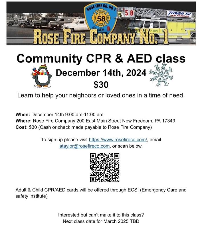 CPR & AED class on Saturday, December 14th _ 9am to 11am - Rose Fire ...